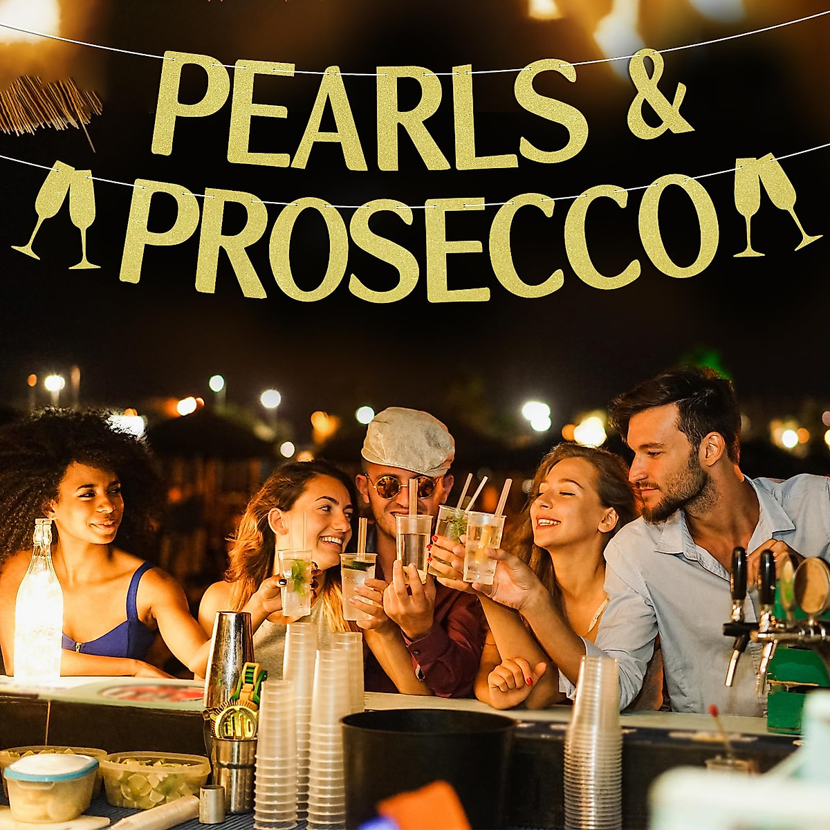 Pearls & Prosecco Banner - Champagne Bachelorette Party Decorations, Bridal Shower Party Decorations, Engagement or Bachelorette Party Decorations Gold Glitter