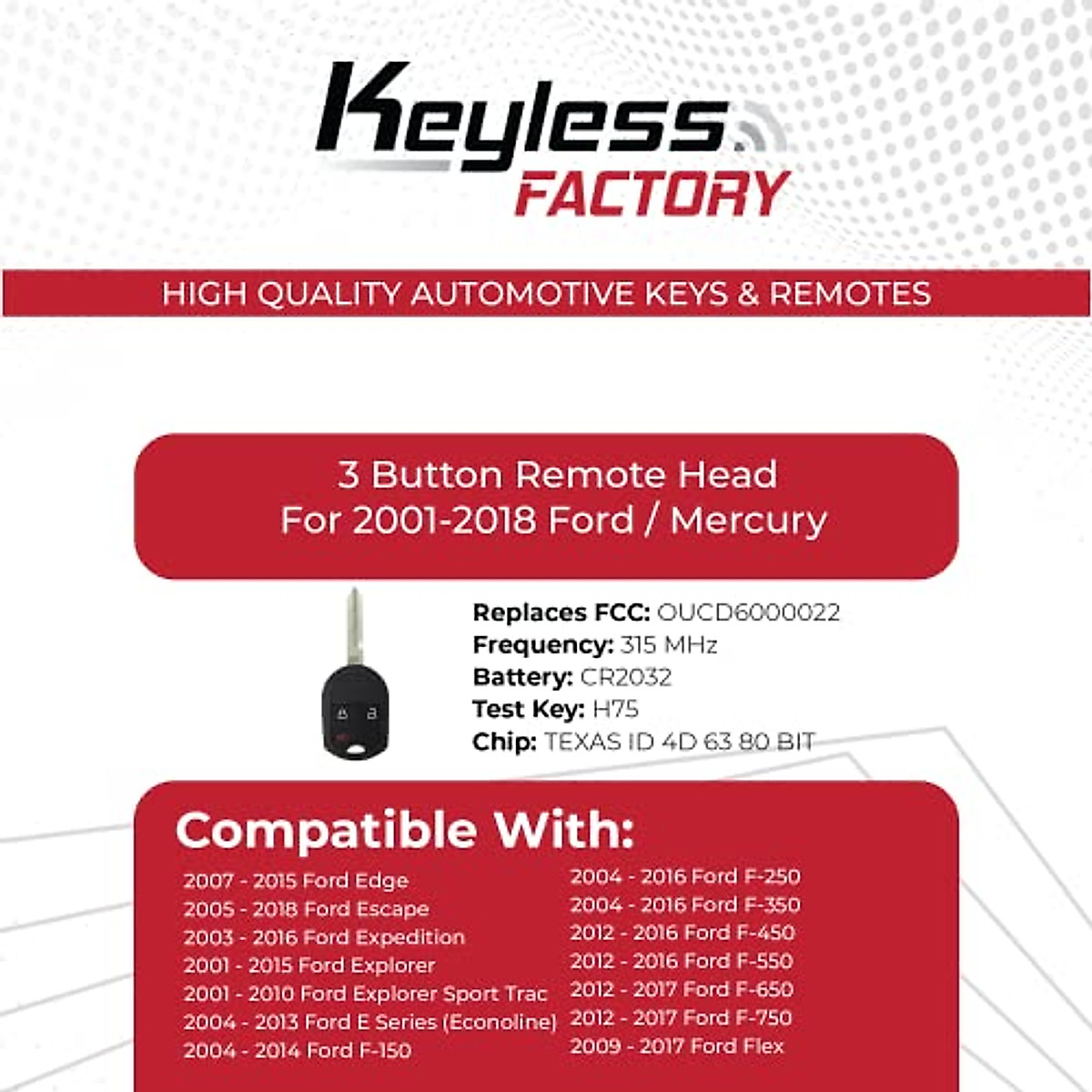 Keyless Factory 3-Button Remote Head Car Key Fob OEM Replacement Uncut Keyless Entry Control for 2001-2018 Ford Edge Explorer Expedition F150 Fusion Ranger Mercury Monterey OUCD6000022 164-R8070