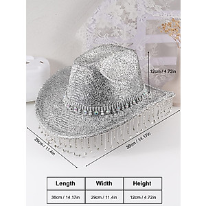 QWINEE Cowboy Hat for Adult Wide Brim Solid Color Western Cowboy Hat with Fringed Rhinestone Novelty Funny Party Cowgirl Hat Silver one-Size