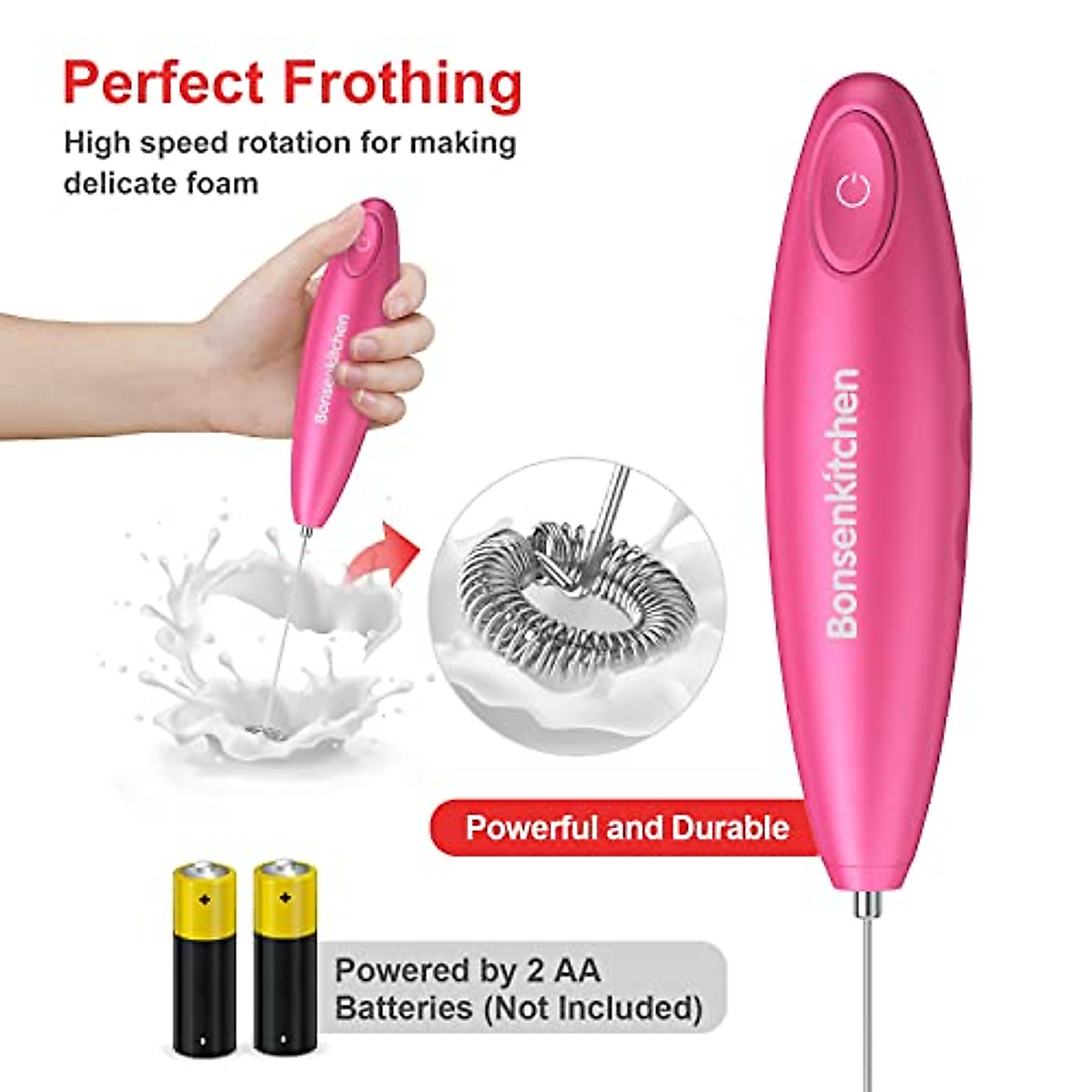 Bonsenkitchen Milk Frother Handheld, Automatic Milk Foam Maker Hand Frother for Coffee, Matcha, Hot Chocolate, Battery Operated Mini Drink Mixer-Hot Pink