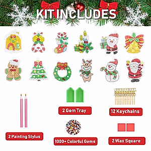 Nardoll Christmas Crafts for Kids - 12 Pieces Christmas Diamond Art Keychains - Make Your Own Diamond Art Christmas Ornaments Decor - 5D DIY Xmas Diamond GEM Arts and Crafts for Girls Ages 4-8 8-12