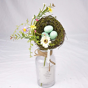 Develoo Easter Bird Nest Tabletop Ornament,Rattan Weaving Simulation Birds Nest with Speckled Eggs and Flowers for Spring Garden Decor Photo Props