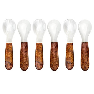 DUEBEL Set of 6 Caviar Spoons of Wood Handle, 4" Mother of Pearl Spoons for Caviar Serving, Egg Serving, Catering Deroration