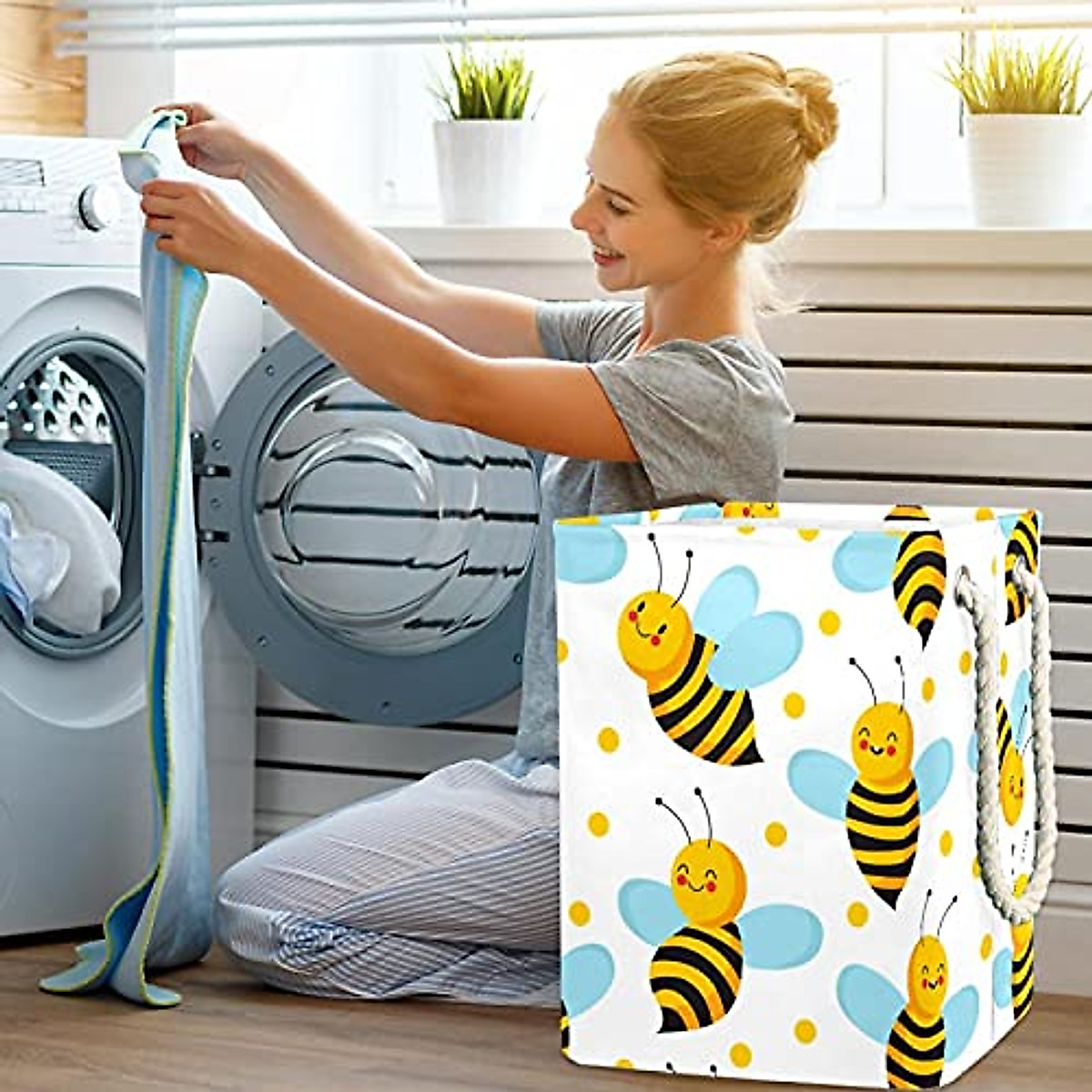 Cute Cartoon Funny Bee Laundry Basket Collapsible Rectangular Organizer Hamper For Unisex Adult, Teen Girls, Boys, Waterproof Storage Bins Kids Room