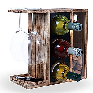 Rustic State Rias Countertop Wine Rack with Cork Opener - 3 Bottle 2 Stemware Glass Holder with Cork Storage Unit - Freestanding Wood Tabletop Display - Home Bar Décor - Burnt Brown