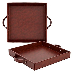 Set of 2 Square Leather Serving Trays, 12x12 Valet for with Handles for Ottoman, Coffee Table (Dark Brown)