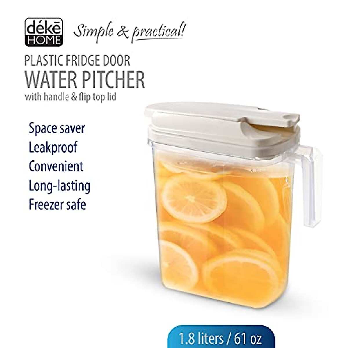 Large Pour Airtight plastic drink Pitcher jar with Locking Spout lid and Handle. Water Coffee, lemonade, iced Tea & juice 61oz/1.8 liter. Detachable Top. Slim design. Safer than glass. Jarra