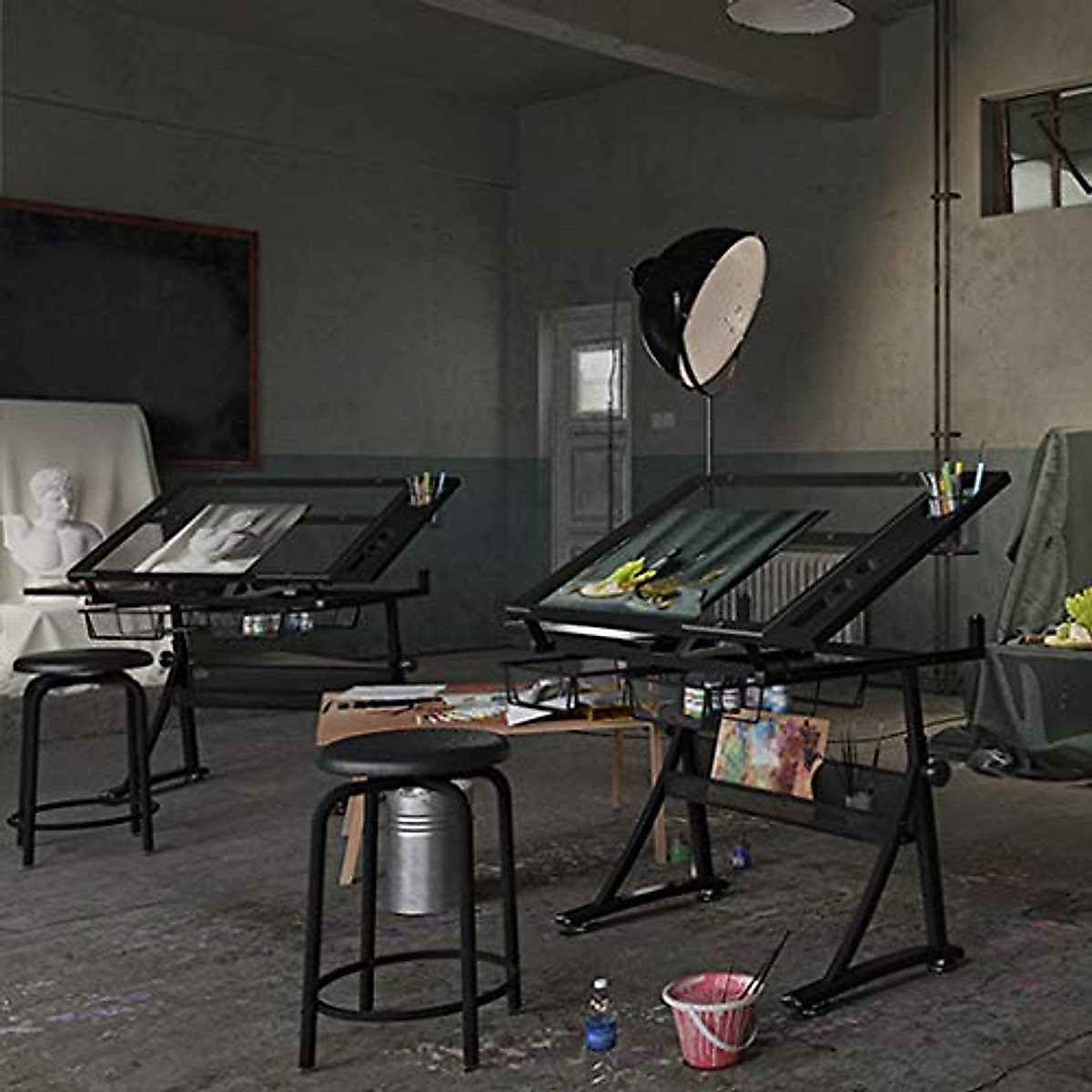 VejiA Drafting Table with Storage, Height Adjustable Tiltable Art Desk, Glass Panel Drawing Desk, for Work Study Painting Craft Table