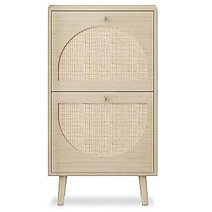 Wekity 2 Drawers Shoe Cabinet Rattan Shoe Rack Shoe Storage Cupboard Organizer Unit (Log Color)