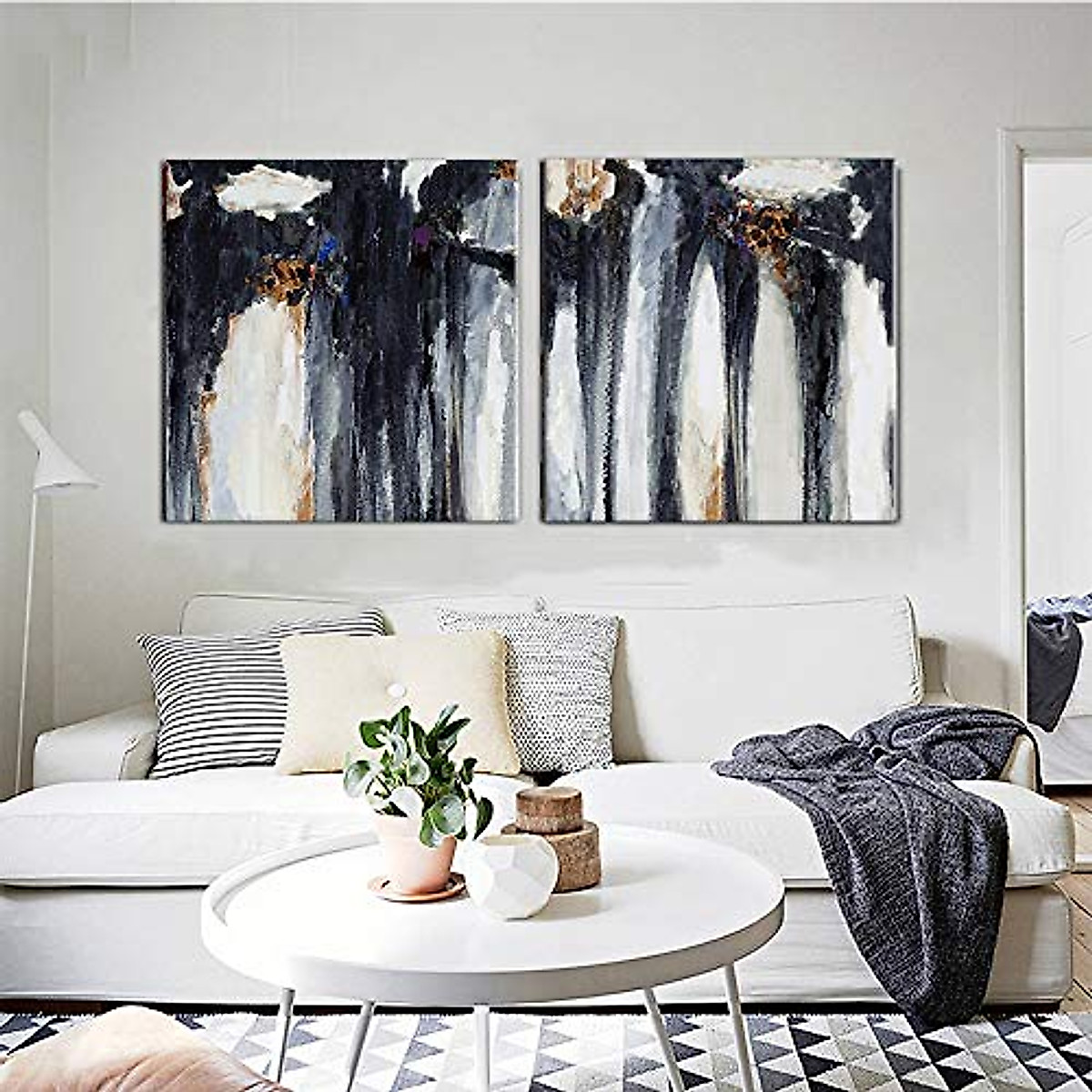 2 Piece Canvas Wall Art - Black and White Abstract Painting Artwork for Living Room Bedroom Decor - Modern Home Art Stretched and Framed Ready to Hang - 24"x24"x2 Panels (24"x24"x2, B&W)