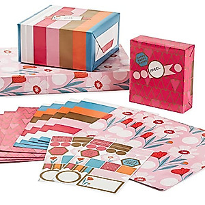 Hallmark Pink Flat Wrapping Paper Sheets with Cutlines on Reverse (12 Folded Sheets with Sticker Seals) Spring Flowers, Stripes, Hearts for Valentine's Day, Easter, Mother's Day, Bridal Showers