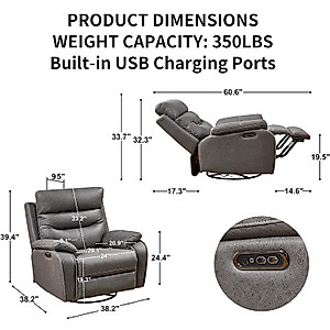 LAVHOME Electric Recliner Sofa,Dual OKIN Motor Rocking and 240 Degree Swivel Living Room, Nursery Glider Chair,with USB Port & Power Adjustable Headrest,Home Theater Seating, XL, Gray