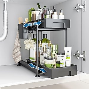 Inxhbow Double Sliding Cabinet Organizer, 2 Tier Pull-out Under Sink Organizers and Storage, Bathroom Organizer and Kitchen Cabinet Storage Organizer with 2 Hooks and Hanging Cup, Black