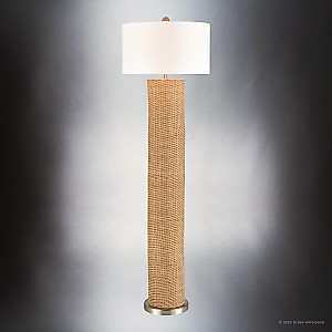 Urban Ambiance Luxury Scandinavian Floor Lamp, 19''W x 19''D x 64''H, with Modern-Farmhouse Elements, Natural Brown Finish and a White Linen Hardback Shade, UEX8102