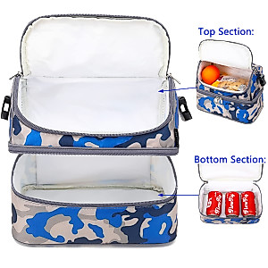 FlowFly Kids Double Decker Cooler Insulated Lunch Bag Large Tote for Boys, Girls, Men, Women, With Adjustable Strap, Blue Camo