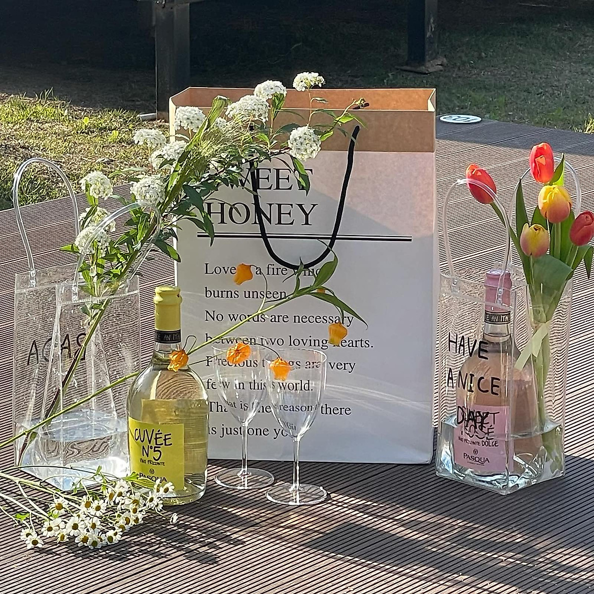 Frcctre 12 Pack Ice Wine Bag, Portable Collapsible PVC Wine Pouch Cooler Bags with Handle, Clear Wine Bottles Bag for Champagne Cold Beer White Wine Chilled Beverages