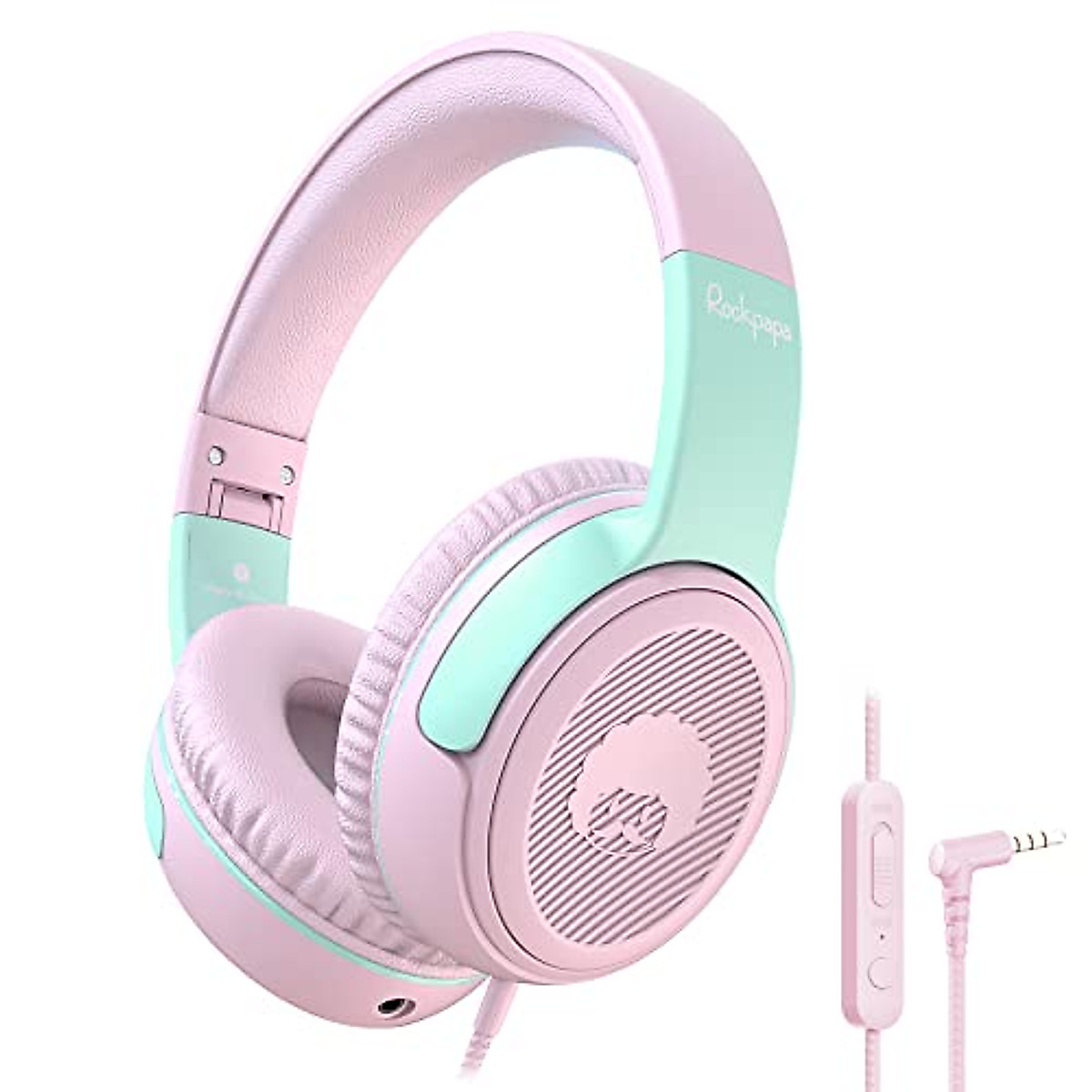 rockpapa Share 1 Kids Headphones Wired with Microphone & Share Port, 85dB/94dB Volume Limited, Cute Foldable Student Child Boys Girls Headphones for School/Classroom/Travel Pink/Green
