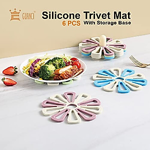 Silicone Trivet Mat 6 PCS with Storage Base, GUANCI Hot Pot Holder Hot Pads for Table & Countertop Set Non-Slip & Heat Resistant Modern Kitchen Hot Pads for Pots & Pans(Pink, Blue and Green)