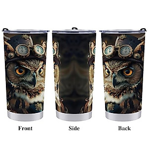 WNICELIN Steampunk Owl Retro Tumbler Insulated Travel Mug Stainless Steel Travel Tumbler Car Cup with Straw And Brush with Lid 20oz