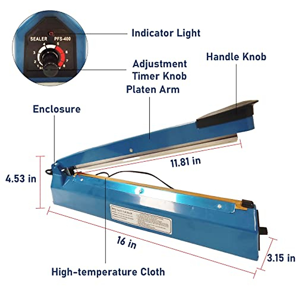 Impulse Heat Sealer 16Inch, Manual Sealing Machine with 4 Replace High-temperature Cloths, Adjustable Temperature Bags Sealer, Multiple Use for Plastics PE Mylar Kraft Paper Bags