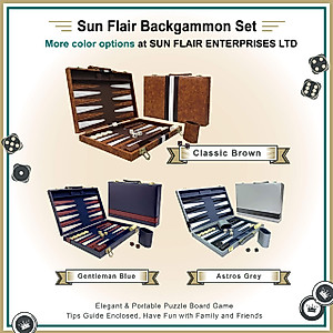 Sun Flair Backgammon Sets for Adults Kids 15 Inch, Folding Classic Board Game with Premium Leatherette Case, Smart Tactics, Best Strategy, Tip Guide Enclosed, Gray and Black 136M-5