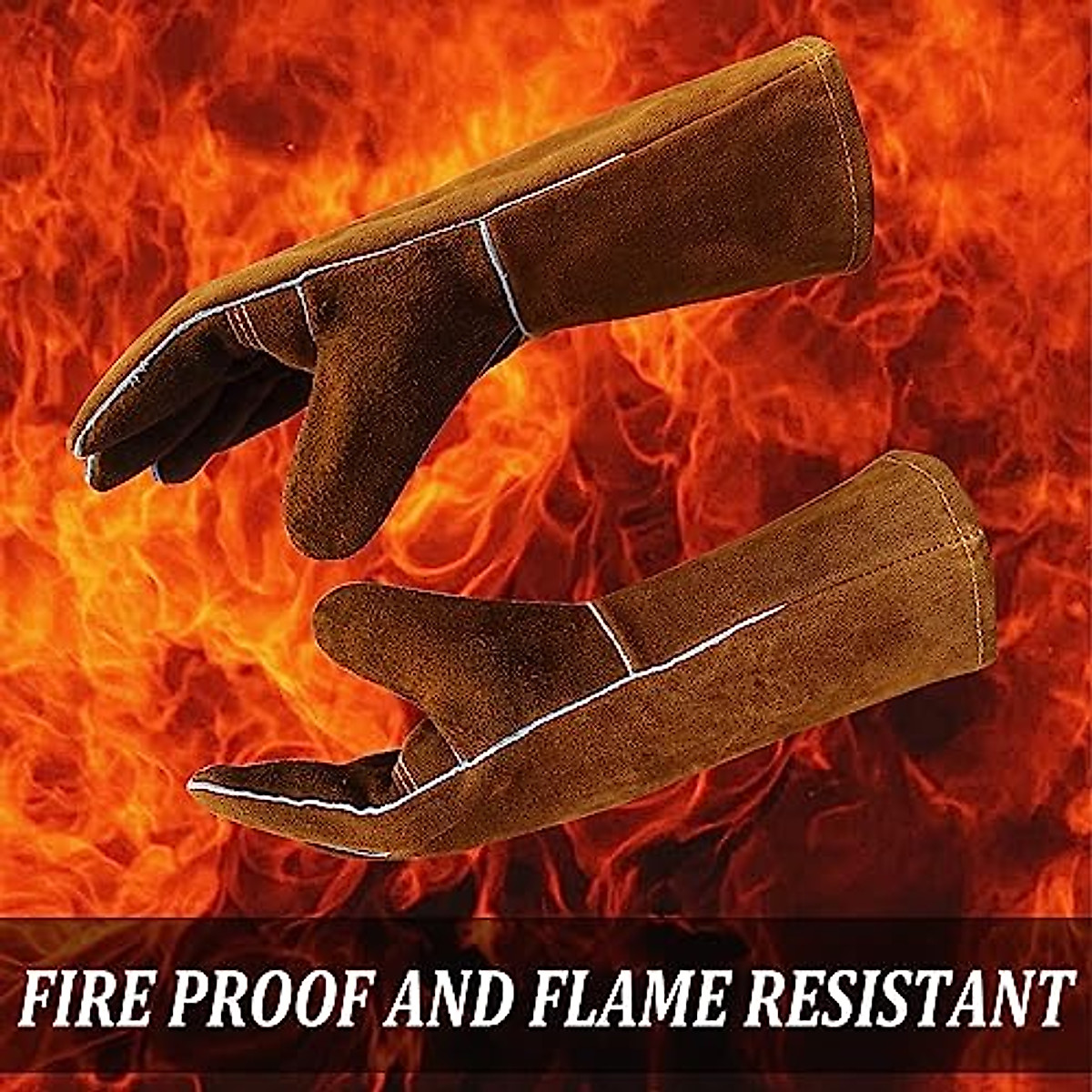 OLSON DEEPAK Welding Gloves HEAT RESISTANT Baking Grill Gloves Tig and Mig Welder Gloves Fireplace Gloves for Fireproof Wood Stove Glove (Brown-14inch)