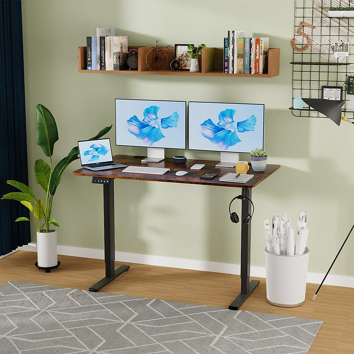 PayLessHere 48 Adjustable Height Standing Desk Computer Desk with Large Space and Headphone Holder Office Desk with Electric Lifting and 2 Memory Function for Office Meeting Room,Brown