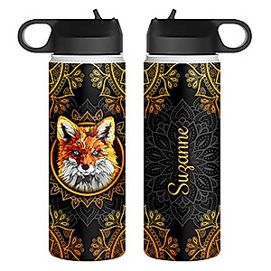 winorax Personalized Fox Water Bottle Mandala Pattern Design Sports Bottles 12oz 18oz 32oz Insulated Stainless Steel Travel Cup Birthday Christmas Gift for Women Girls Best Friends Kids Animal Lovers