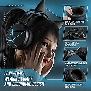 Gaming Headset for PC, Xbox One Headset with Detachable Cat Ear Headphones, PS5 Headset with Noise Canceling Microphone, PS4 Headset with 7.1 Surround Sound, LED Lights Black