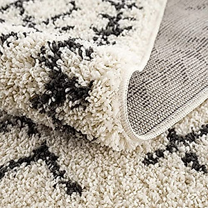 Hauteloom Berber Shag - Godalming Farmhouse Living Room Bedroom Area Rug with Tassel - Fluffy Plush High Pile Carpet - Soft Shaggy Rug, Moroccan Trellis - White, Beige, Cream, Black - 5'3" x 7'3"