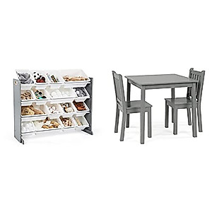 Humble Crew Supersized Wood Toy Storage Organizer, Extra Large, Grey/White & Grey Kids Wood Table and 2 Chairs Set, Square