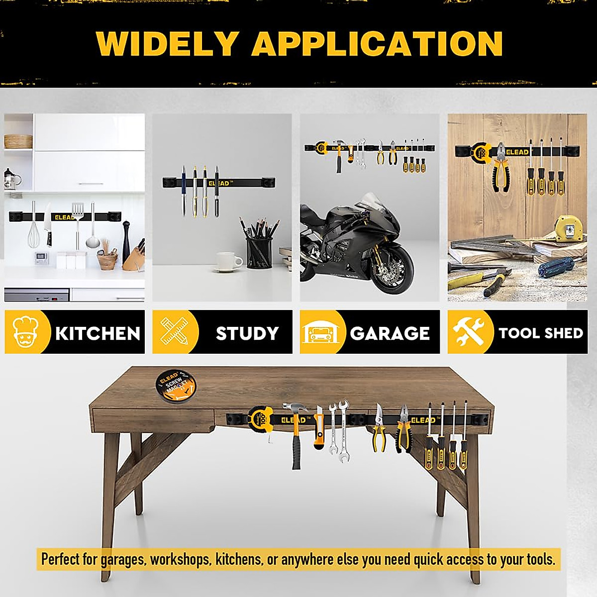 Magnetic Storage Organizer Tool Holder - 6-Piece Wall Mount Rack Garage Organization Power Magnet Hanger Workbench Board Slatwall Van Organizers Mounted Hanging Strip