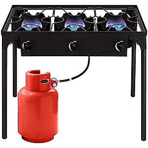 Bonnlo 3 Burner Outdoor Portable Propane Stove Gas Cooker, Heavy Duty Iron Cast Patio Burner with Detachable Stand Legs for Camp Cooking (3-Burner 225,000-BTU)