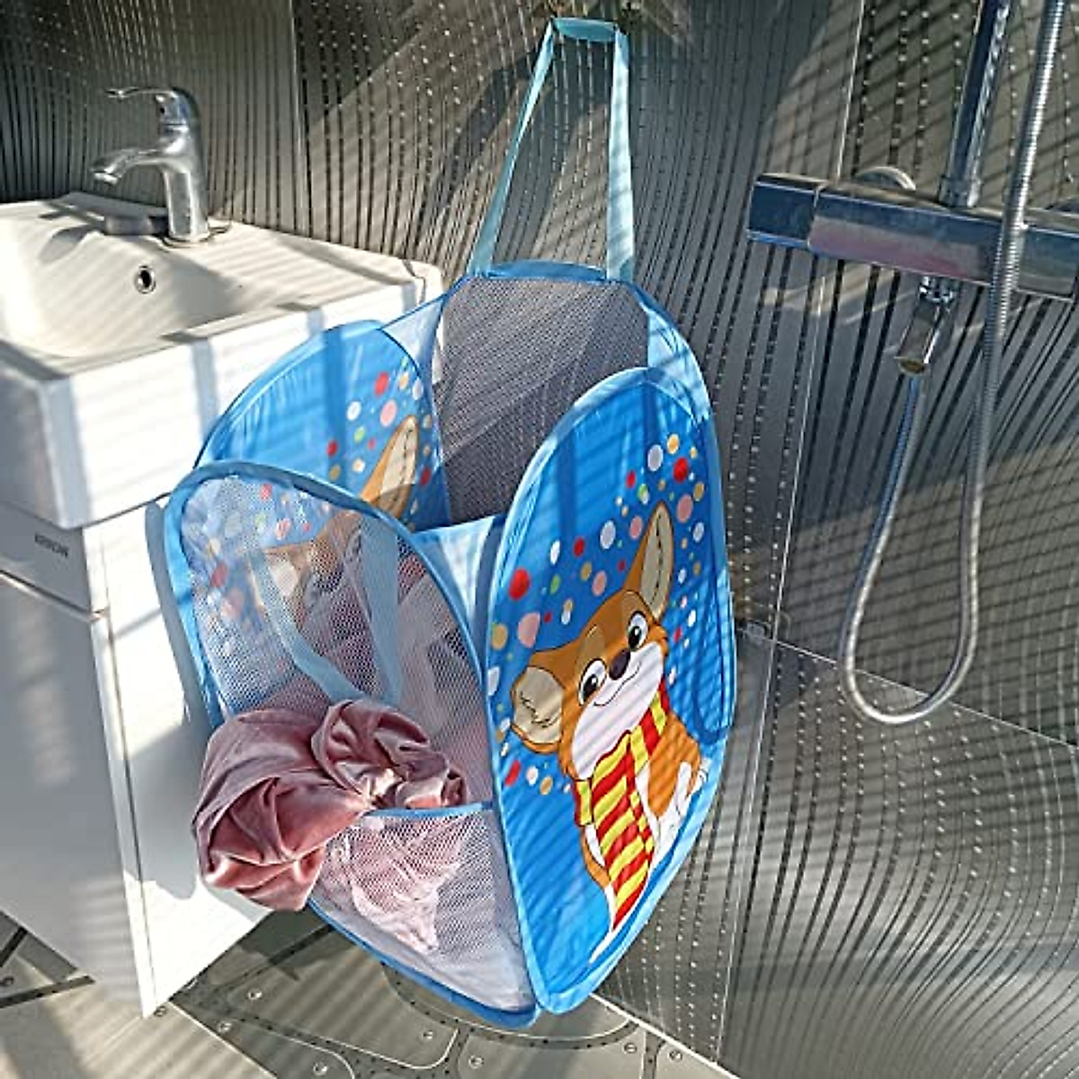 WEI LONG Mesh Popup Hamper-Foldable Lightweight Basket for Washing-Durable Clothing Storage for Kids Room,Students College Dorm,Home,Travel & Camping-Pop-up Clothes Hamper (Pink Kitty Cat)