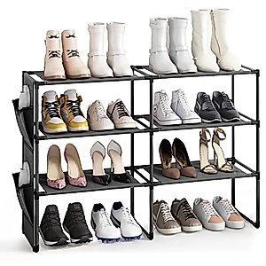 Amazer 4 Tiers Shoe Rack for Closet, Shoe Storage Organizer for 16-20 Pairs of Shoes, Shoe Shelf with Removable Pocket for Entryway Bedroom Hallway, 34.6x11x21.4 Inches (Black)