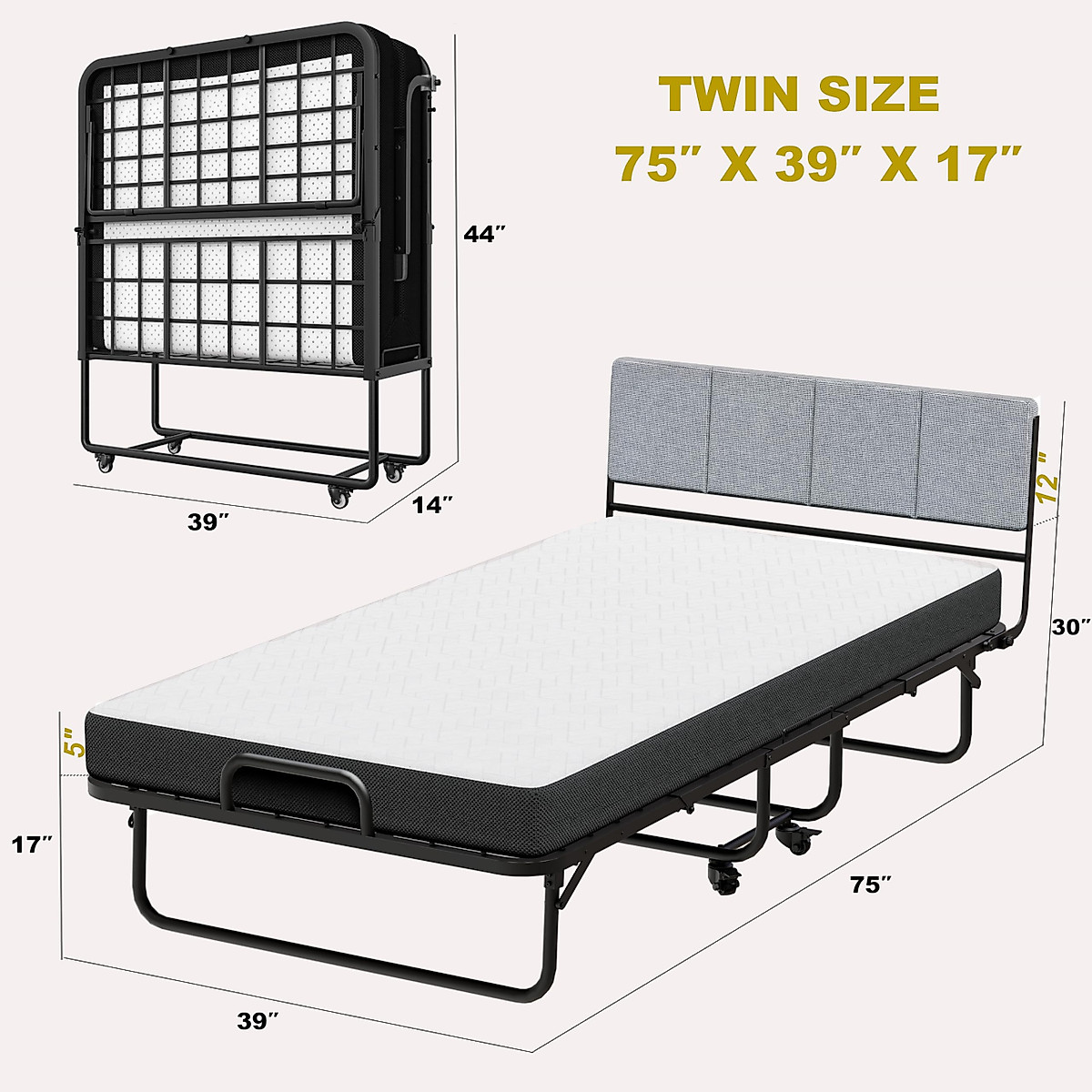 Folding Bed with 5" Memory Foam Mattress, 75" x 39" Twin Guest Bed with Headboard, Portable Rollaway Bed with Sturdy Frame, Home Camping Office Vacation Nursing