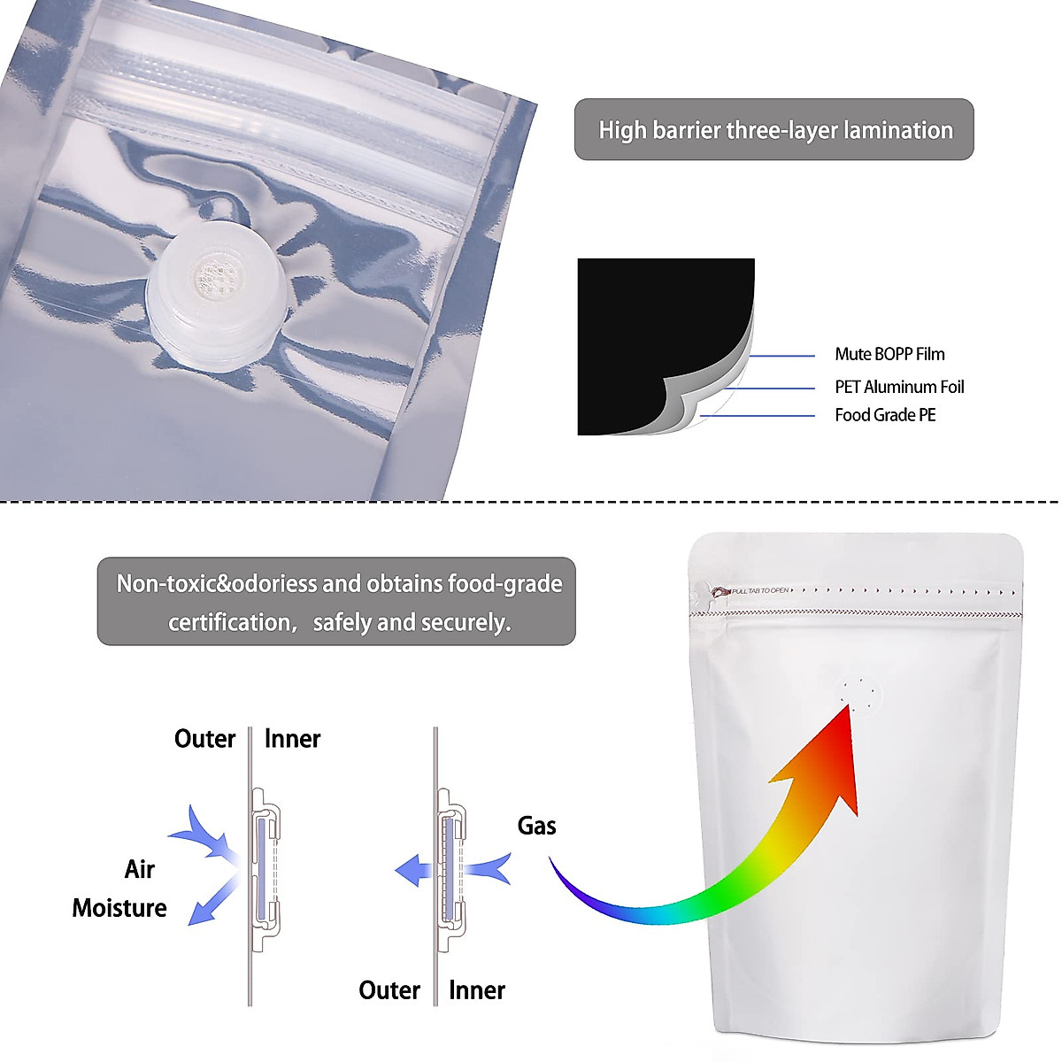 Flysogan 8oz 50pcs Aluminum Foil Stand Up Zipper Coffee Pouch Bags With Valve (Pull Tab Open) (50 Pieces,8 oz/0.5 lb)