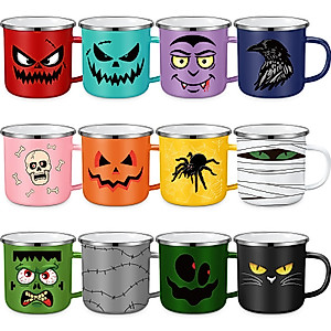 Zhehao 12 Pcs Halloween Coffee Mugs Bulk for Women Men 12 OZ Enamel Coffee Mugs Inspirational Motivational Gift for Teacher Coworker Christmas Halloween Party Decor