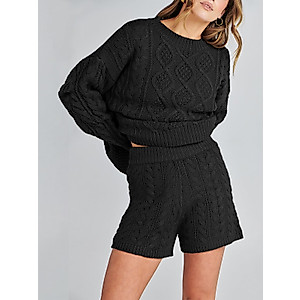 ANRABESS Women 2 Piece Outfits Sweater Lounge Loungewear Sets Fall Cable Knit Oversized Sweaters Short Pants Matching Sets Black Small