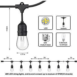 SUNTHIN LED Outdoor String Lights, 2 Pack 48ft Patio Lights Commercial Waterproof Hanging Lights with 0.9W Dimmable Shatterproof Plastic Bulbs for Decor Outside, Backyard, Party, Porch, Bistro, Garden