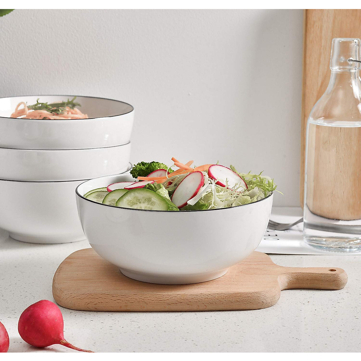 TGLBT Salad Bowls 40 Ounce Porcelain Soup Serving Pasta Bowl Set, White, Stackable, 3 Packs