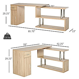 HOMCOM Rotating Computer Desk, 55" L-Shaped Desk, Corner Desk with Storage Shelves, Cabinet and Drawer for Home Office, Natural