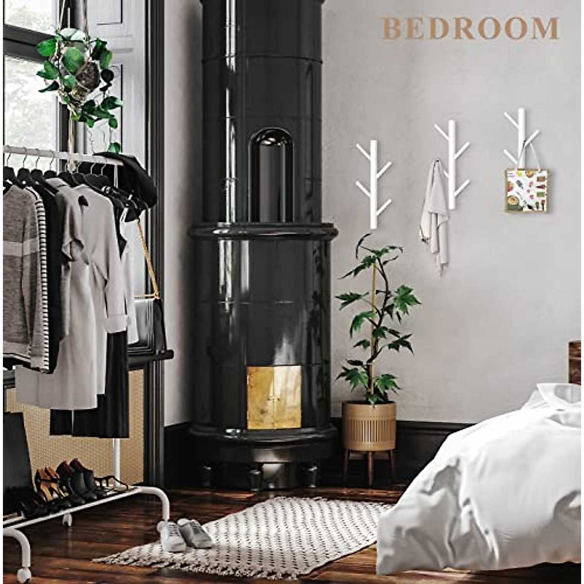 Liywall - 4 Hooks Hanging Pegs Modern Wall Mounted Coat and Hat Rack,Wood Hook Wall Decor Hanger for Bedroom and Bathroom，Heavy Duty Easy Assembly - 3 Pack White