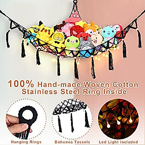 KoHuiJoo Stuffed Animal Net Hammock Macrame Boho Plush Toy Net Hammock for Stuffed Animals with Lights Stuffed Animals Corner Hanging Stuffed Animal Storage Net for Kids Bedroom Black