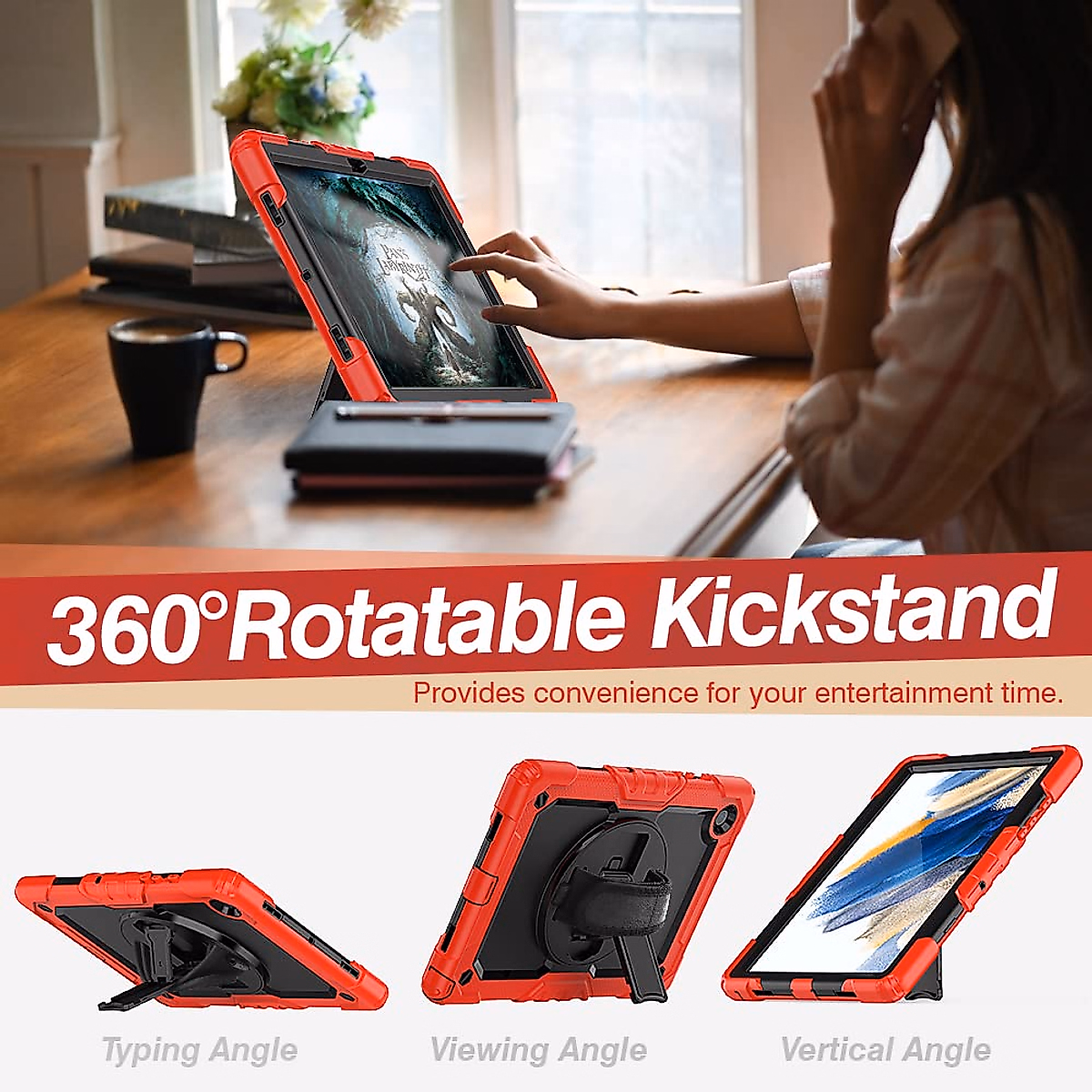 FS FANSONG Samsung Galaxy Tab A8 10.5 Inch Case 2022,SM-X200/X205/X207 Tablet Cover with Screen Protector Pencil Holder 360 Degree Rotating Kickstand and Shoulder Strap Red