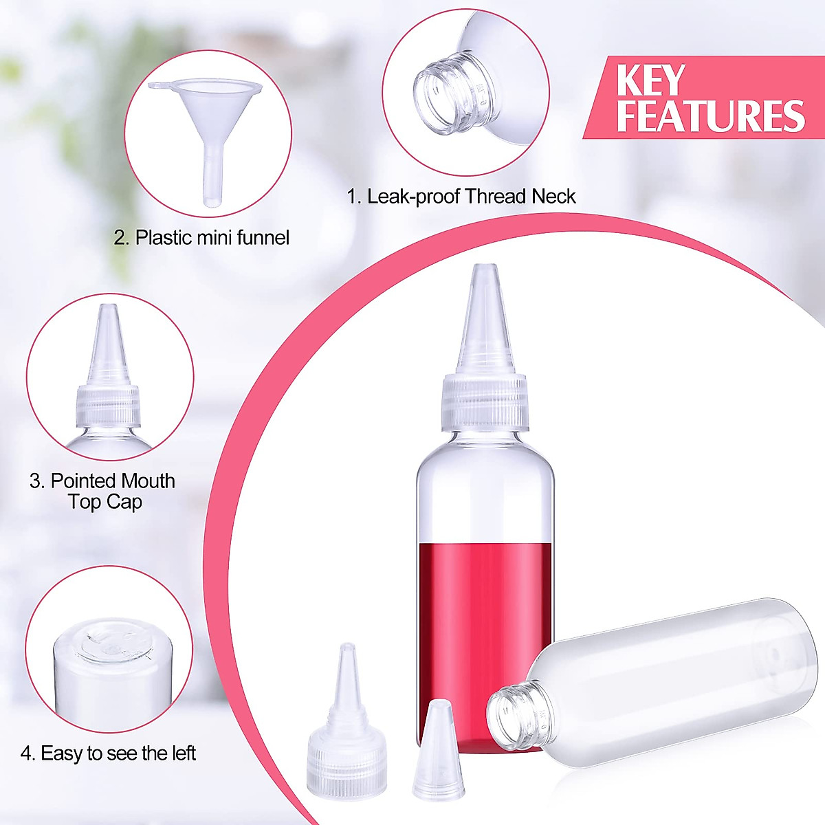 Eccliy 60 Pieces 2 oz 60 ml Plastic Bottles Applicator with Twist Top Cap Pet Refillable Plastic Empty Applicator Bottle for Hair with Clear Twist Top Cap for Hair Oils and Liquids