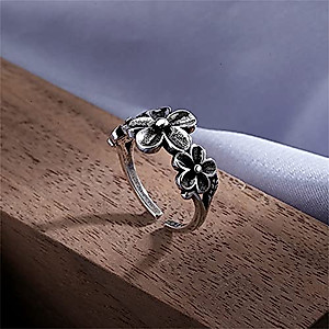 Vintage Plumeria Flower 925 Silver Plated Open Band Ring for Women Statement Adjustable Expandable Daisy Knuckle Finger Rings Comfort Fit Oxidized Retro Birthday Jewelry Gift