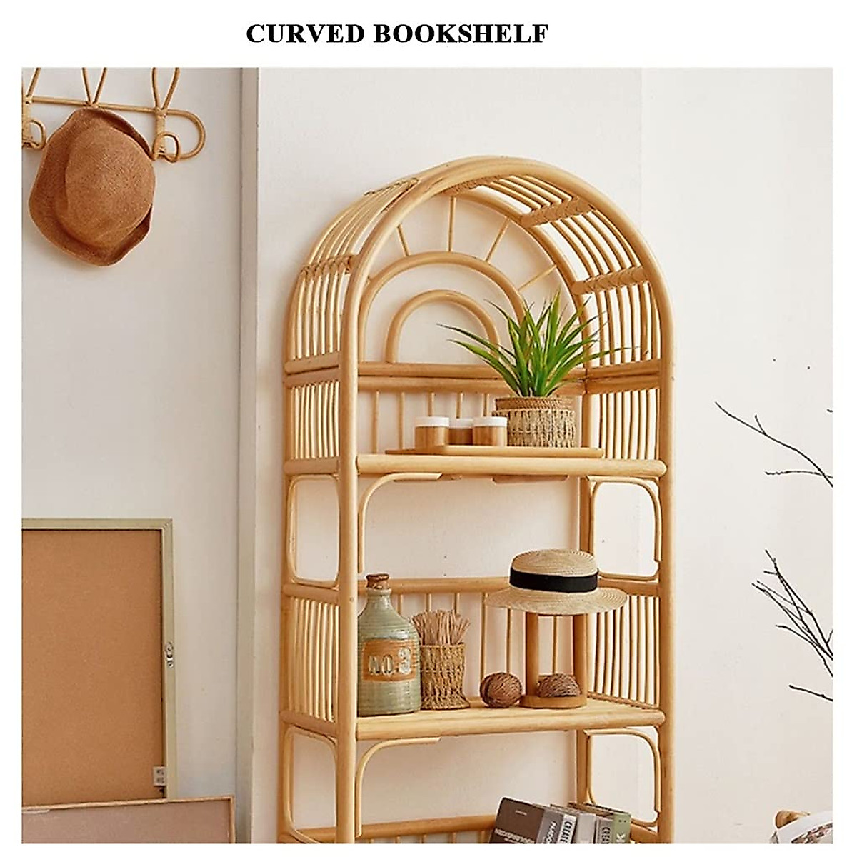 EESHHA Bookcase 4-Tier Arched Bookshelf, Rattan Tall Open Bookcase Storage Shelves, Wood Metal Freestanding Display Rack, Home Decor for Bedroom, Living Room