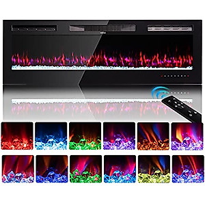 oneinmil Electric Fireplace, 50 inch Wide Recessed/Wall Mounted/Free Standing Electric Fireplace, Remote Control with Timer 12 Adjustable Color Flame, Remote Control,with Crystal Stone, 750/1500W