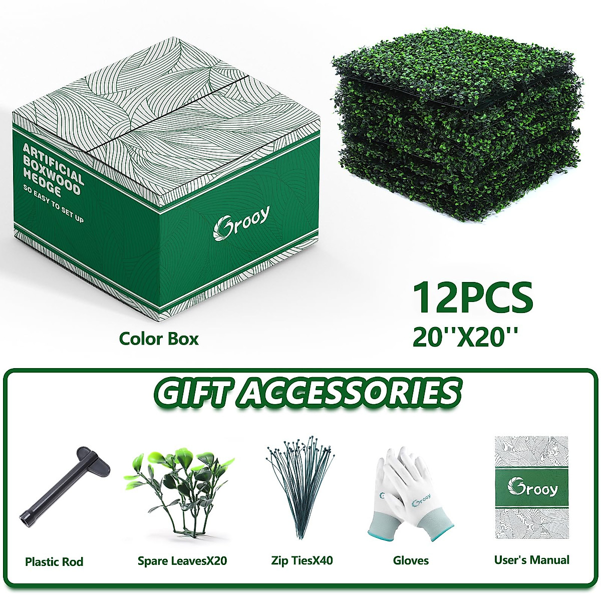 Grooy 12PCS Boxwood Panels, 20"x20" Grass Wall, Plant Wall, Grass Backdrop Wall, Privacy Screen, Sun Protected Green Wall Decor Outdoor, Indoor, Garden, Backyard and Décor